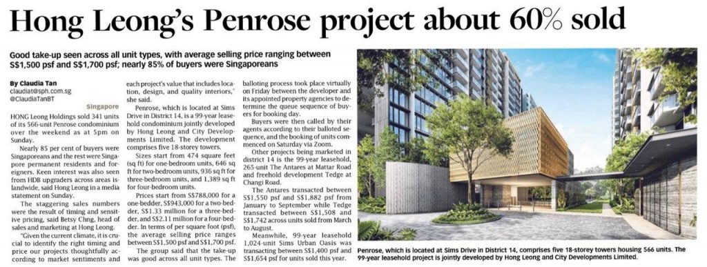 Penrose Hong Leong’s Penrose project about 60% sold | Singapore